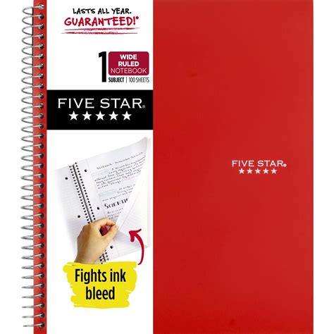 Five Star Wide Ruled Spiral Notebook 1 Subject 100 Sheets Assorted Colors Crown Office Supplies