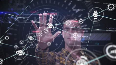 Interacting With Animation Person Scanning And Processing Data On Digital Interface Stock Video