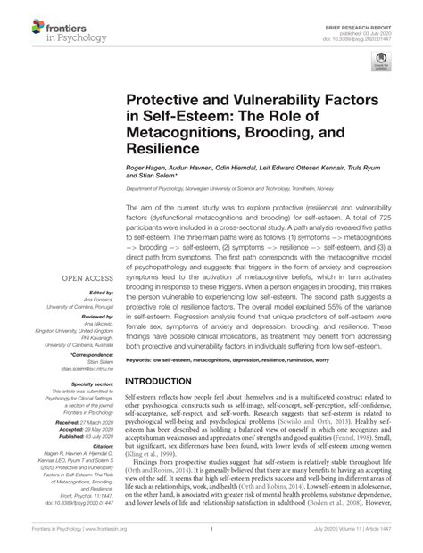 Pdf Protective And Vulnerability Factors In Self Esteem The Role Of Metacognitions Brooding