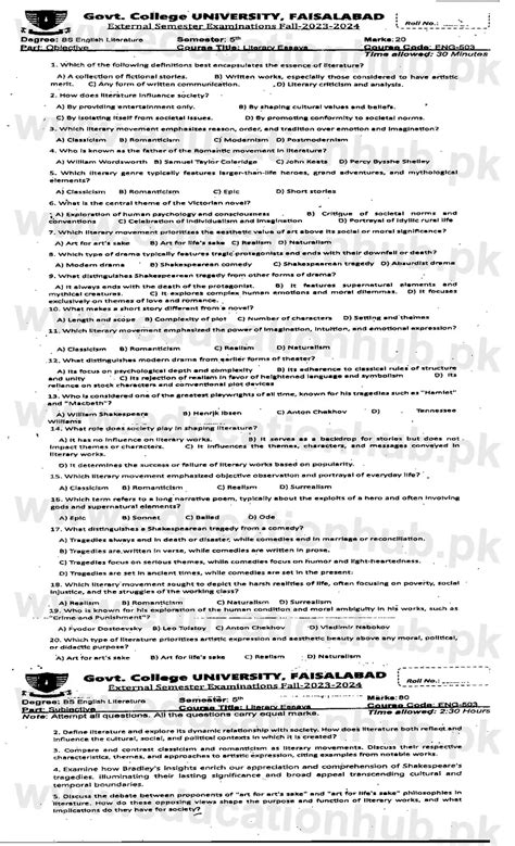 Eng 503 Literary Essays Bs English Gcuf Past Paper Fall 2023