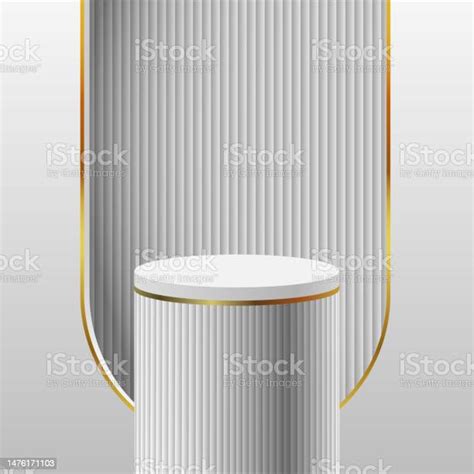 현실적인 흰색 황금색 3d 실린더 받침대 연단과 창 아치 모양 벡터 디스플레이에 검은색 골판지 강단에 대한 스톡 벡터 아트 및