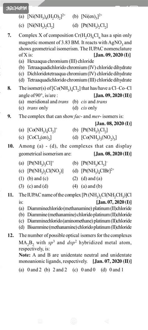 The Number Of Possible Optical Isomers For The Complexes Ma2 B2 With Sp