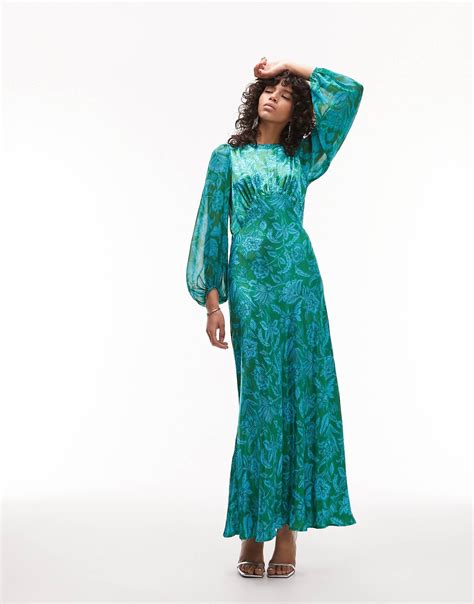 Topshop Long Sleeve Satin Maxi Dress With Bust Seam In Green Lyst