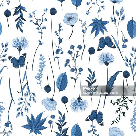 패션 웹 벽지 패브릭 모든 지문에 대 한 세련 된 모노톤 블루 식물 식물 원활한 패턴 벡터 곤충에 대한 스톡 벡터 아트 및 기타 이미지 Istock