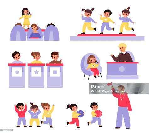 키즈 Tv 쇼 유치한 엔터테인먼트 콘테스트 스포츠 또는 지적 댄스 또는 아이와의 인터뷰 그룹 퀴즈 재능 경쟁 작은 별 벡터 만화 플랫 스타일 고립 세트 아이에 대한 스톡