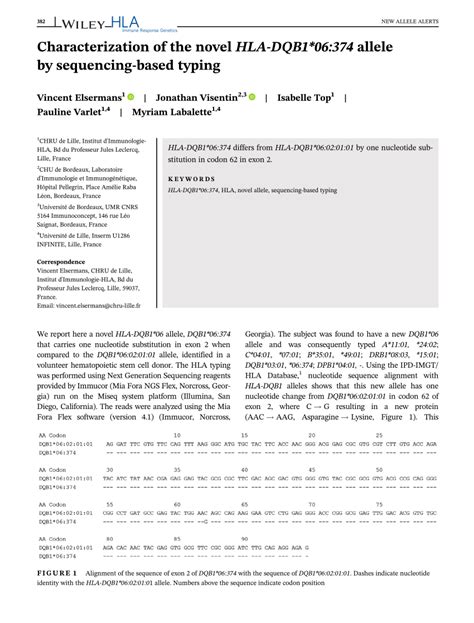 Characterization Of The Novel Hla‐dqb106374 Allele By Sequencing‐based Typing Request Pdf
