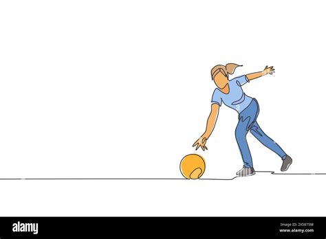 Single Continuous Line Drawing Young Happy Bowling Player Woman Throw