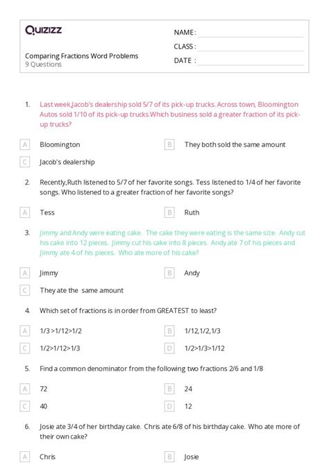 50 Comparing Fractions Worksheets For Kindergarten On Quizizz Free