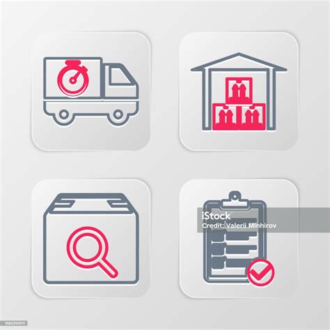 배송 목록 검색 패키지 창고 및 배송 트럭 및 스톱워치 아이콘의 라인 확인을 설정합니다 벡터 감시에 대한 스톡 벡터 아트 및