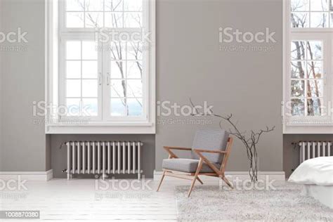 안락의 자 라운지 창과 카펫 스칸디나비아 회색 빈 인테리어 3d 렌더링 그림까지 조롱입니다 실내에 대한 스톡 사진 및 기타