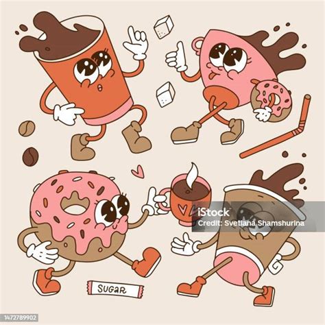 복고풍 만화 그루비 커피 캐릭터 마스코트 세트 빈티지 종이컵 머그잔 도넛 마스코트 컬렉션 6070년대 윤곽선 파스테르 컬러