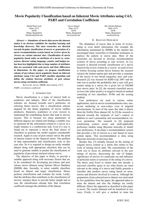 Pdf Movie Popularity Classification Based On Inherent Movie Attributes Using C4 5 Part And