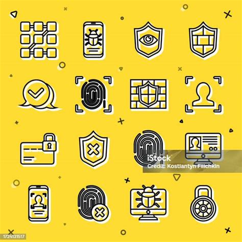 라인 안전 조합 잠금 설정 계정 화면 생성 얼굴 인식 방패 및 눈 지문 확인 표시 말풍선 그래픽 암호 보호 및 벽돌 벽 아이콘 포함 벡터 검은색에 대한 스톡 벡터 아트 및