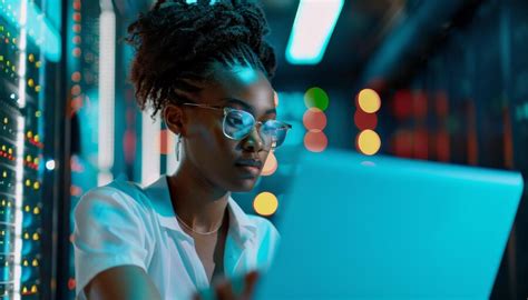 Cybersecurity Specialist Black Woman Programmer Troubleshooting In Dark