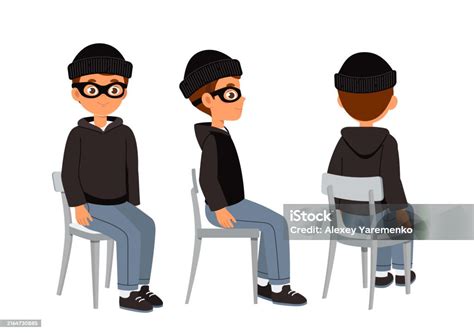 남성 강도 건설자 검은 후드티 마스크 모자를 쓴 남자가 의자에 앉아 있습니다 애니마톤을 만들기 위한 키트 다른 포즈의 캐릭터 팩 깡패와 도적 플랫 벡터 컬렉션 강도에 대한