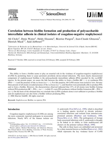 Correlation Between Biofilm Formation And Production Of Polysaccharide Intercellular Adhesin In