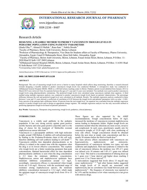 Pdf Designing A Feasible Method To Predict Vancomycin Trough Levels In Pediatric Population