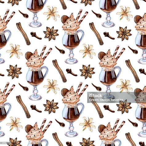 수채화 그림 패턴 초콜릿 칵테일 쿠키와 빨대와 향신료 계피 정향 유리잔에 우유와 크림을 넣은 커피 크림과 초콜릿 칩을 곁들인 코코아 음료 카페 또는 레스토랑에서 점심 식사