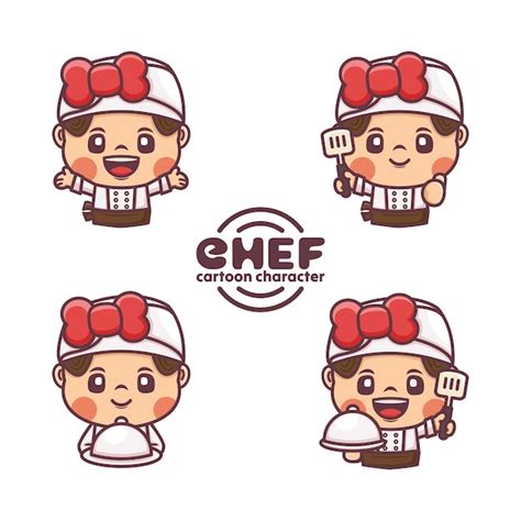 귀여운 여성 요리사 만화 캐릭터 디자인 다양한 포즈와 표정 프리미엄 벡터