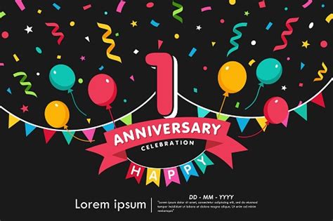 1주년 기념 엠블럼 축하 기념일 로고는 다채로운 색종이 멧새 깃발 풍선 및 리본으로 격리되어 있습니다 벡터 일러스트 레이션 템플릿 디자인 1에 대한 스톡 벡터 아트 및 기타
