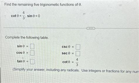 Solved Find The Remaining Five Trigonometic Functions Of θ