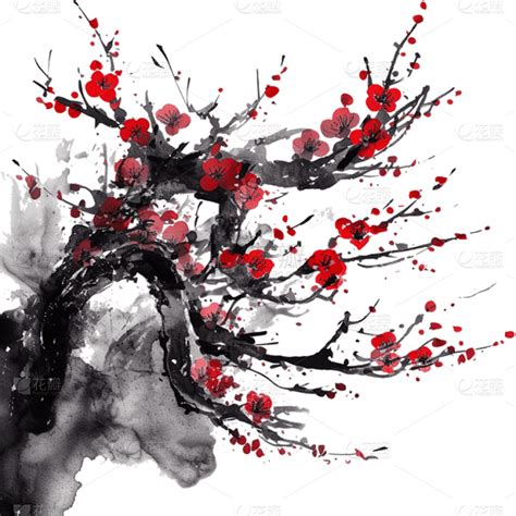 中国风水墨国画红色梅花