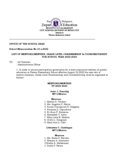 School Memorandum On Mentor Mentees Grade Level Chairmanship And Coordinatorship Pdf