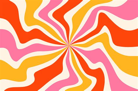 복고풍 그루비 나선형 배경입니다 벡터 소용돌이 햇살 패턴입니다 물결 모양의 방사형 태양 광선 Bg 스트로베리 핑크와 오렌지 사이키델릭 스트라이프 70 년대 펑키 소용돌이
