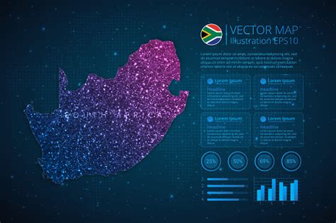 남아프리카 공화국 지도 인포그래픽 템플릿은 다이어그램 그래프 프리젠테이션 및 차트에 파란색 배경에 추상적인 기하학적 메쉬 다각형