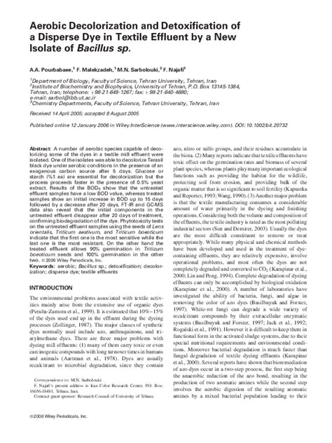 Pdf Aerobic Decolorization And Detoxification Of A Disperse Dye In