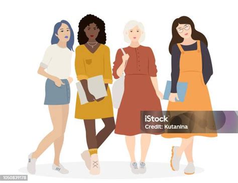 함께 서 있는 4 명의 플랫 만화 여자의 벡터 그룹 흰색 배경 그림 가방에 대한 스톡 벡터 아트 및 기타 이미지 가방 드레스 메모장 Istock