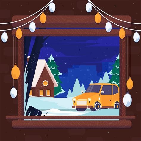 평평한 겨울 창 그림 무료 벡터