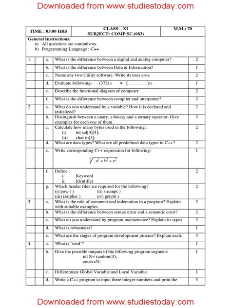 Cbse Class 11 Computer Science Sample Paper 2018 Pdf C Programming Language Data Type
