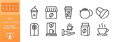 카페 세트 아이콘입니다 머그잔 유리 커피 라떼 카푸치노 커피 곡물 티백 케어 커피 머신 차 뜨거운 음료 개념입니다 비즈니스 및 광고에 대 한 흰색 배경에 벡터 편집 가능한