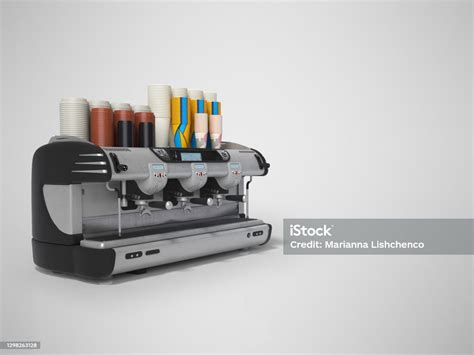 그림자가 있는 회색 배경에 카페테리아 3d 렌더링용 컵이 있는 전문 커피 머신 강철에 대한 스톡 사진 및 기타 이미지 강철 공기조화 금속 Istock