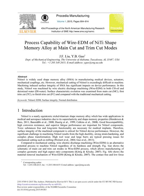 Pdf Process Capability Of Wire Edm Of Niti Shape Memory Alloy At Main Cut And Trim Cut Modes