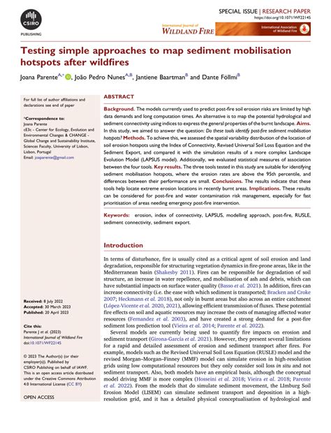 Pdf Testing Simple Approaches To Map Sediment Mobilisation Hotspots After Wildfires