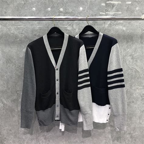 Tb Thom 남성용 브랜드 스웨터 루즈한 V넥 카디건 패치워크 스트라이프 코튼 캐주얼 코트 2022 패션 가을 겨울 Aliexpress