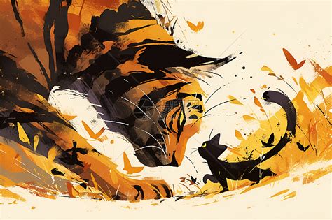 梦幻的猛虎和黑猫插画图片下载 正版图片601145328 摄图网
