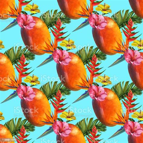 망고와 수채화 원활한 패턴 손으로 그리기 장식 배경입니다 섬유 천 벽지 스크랩북 인쇄 망고에 대한 스톡 벡터 아트 및 기타 이미지 Istock