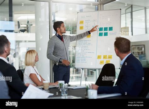 Man Presentation And Whiteboard With Staff In Office For Workflow Steps Diagram And Teamwork