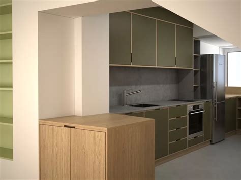 Идустриален дизайн в зелено и шперплат №6224 3d Проекти на Ъглови кухни от Gtc Design