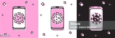 분홍색과 흰색 검은 색 배경에 격리 된 모바일 아이콘에 바이러스 통계를 설정합니다 코로나 바이러스 2019ncov 박테리아와