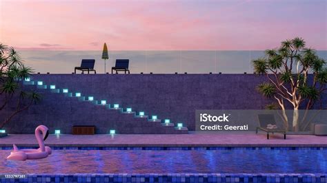 황혼의 현대적인 고급 빌라 외관의 수영장과 라운지 의자 3d 렌더링 0명에 대한 스톡 사진 및 기타 이미지 0명 건물 외관