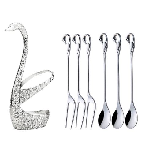 백조 과일 포크와 숟가락 세트 디저트 포크 과일 포크 랙 식기 결혼식 선물 색상 3 숟가락이있는 실버 스트라이프 3 포크