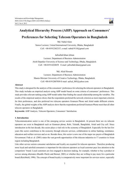 Analytical Hierarchy Process Ahp Approach On Consumers Preferences For Selecting Telecom