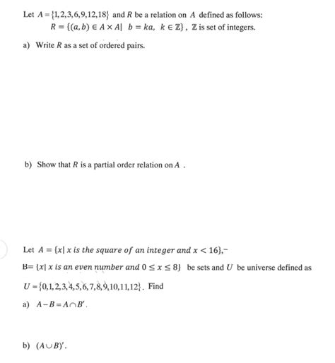 Solved Let A 1 2 3 6 9 12 18 And R Be A Relation On A Chegg Com