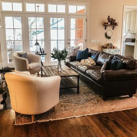 Modern Farmhouse Living Room With Brown Leather Couch