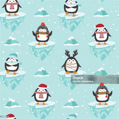 아이스 플백 배경 겨울 패턴 포장지 겨울 인사말 웹 페이지 배경 크리스마스와 새해 인사말 카드에 펭귄과 크리스마스 원활한 패턴 떠있는 얼음에 대한 스톡 벡터 아트 및 기타