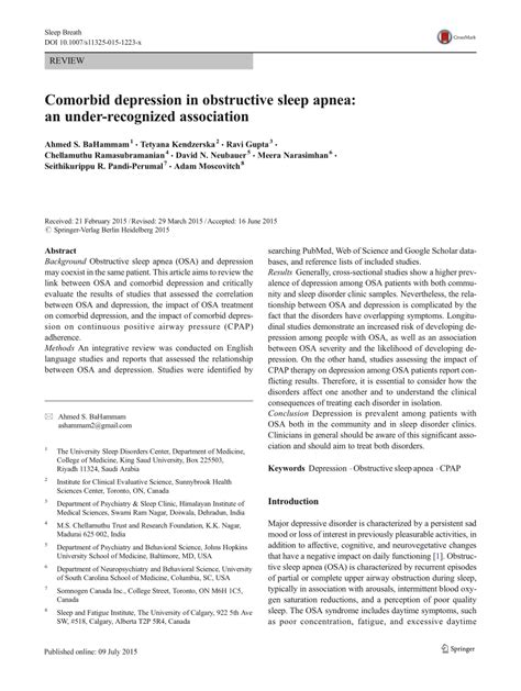 Pdf Comorbid Depression In Obstructive Sleep Apnea An Under Recognized Association